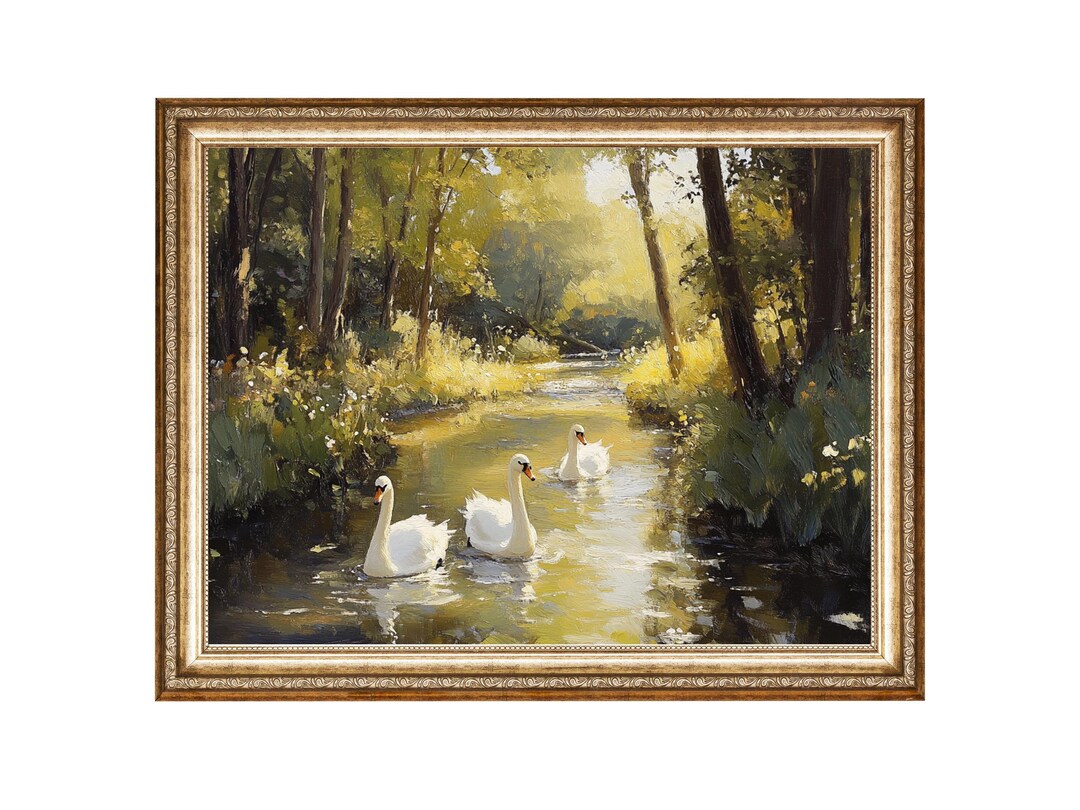 Swan Lake Vintage Oil Painting Print, Cottagecore River Scene (digital ...
