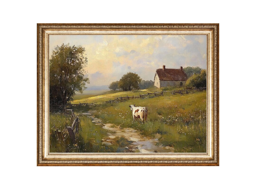 Farmhouse Landscape With Cows and Cottage Oil Painting, Cottage Core ...