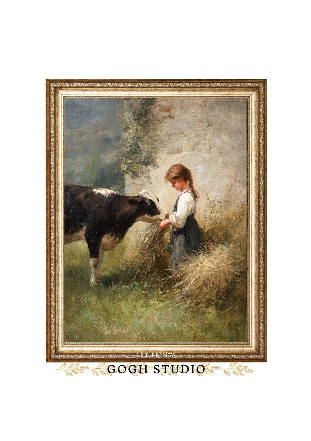 Vintage Oil Painting, Girl Feeding Cow, Cottagecore Wall Art (digital ...