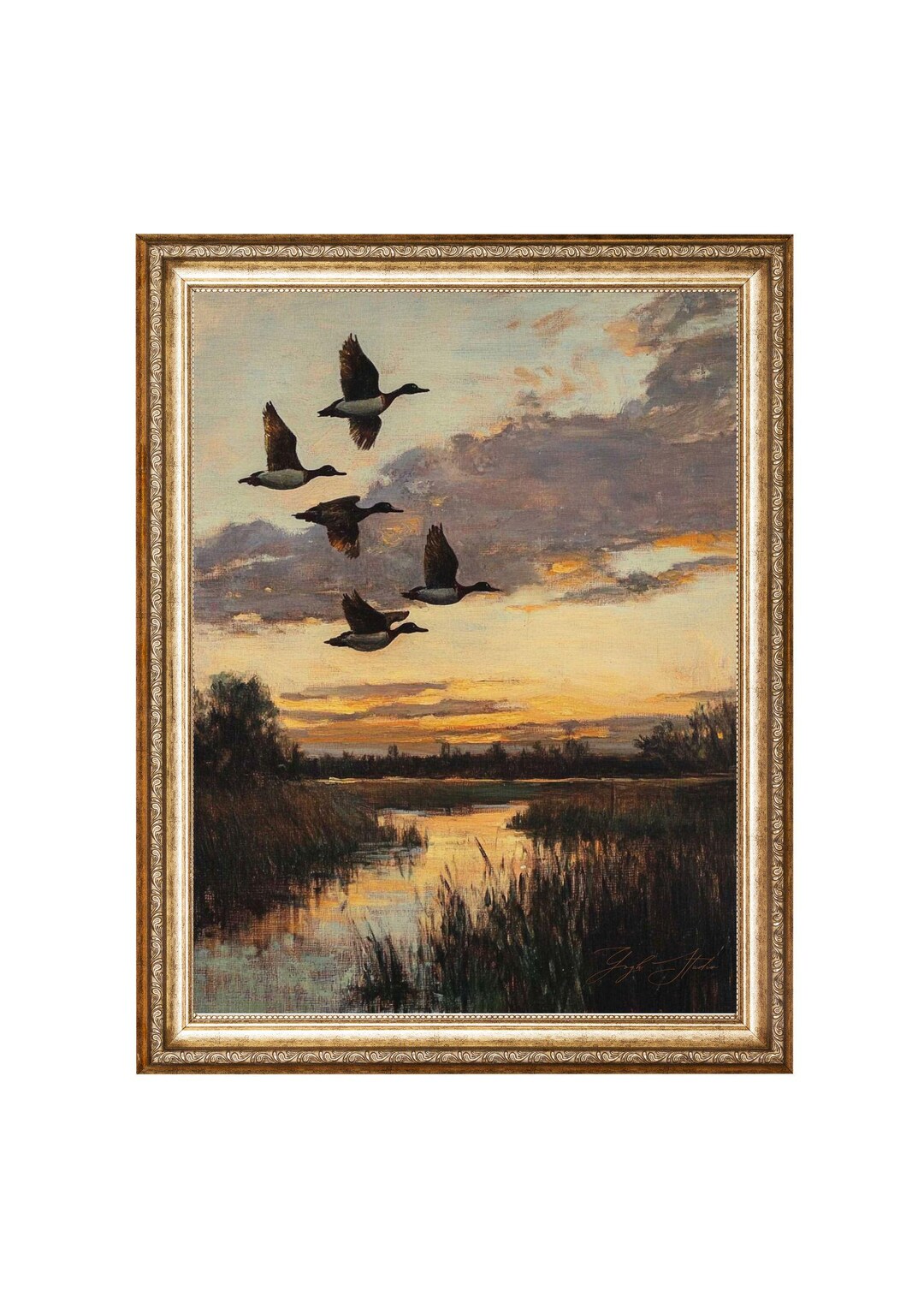 Vintage Flying Ducks Oil Painting, Sunset Wildlife Art (digital Prints ...