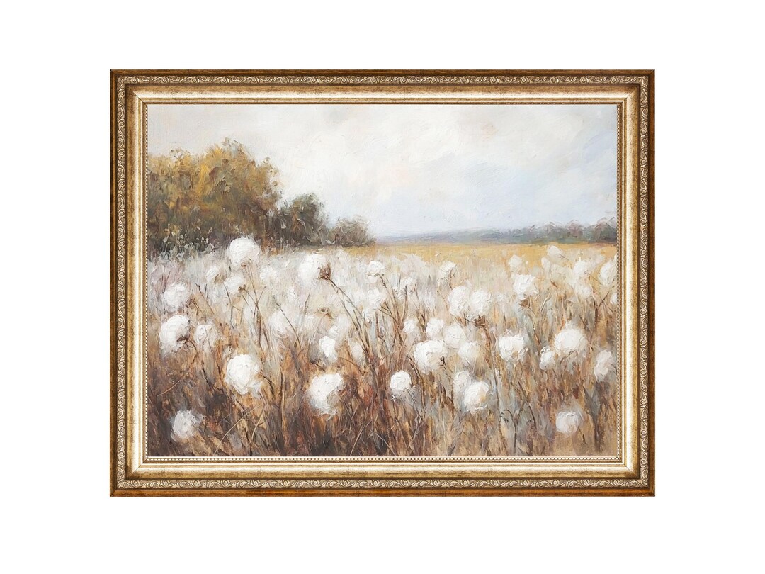 Cotton Field Landscape Print, Vintage Cottagecore Painting (digital ...