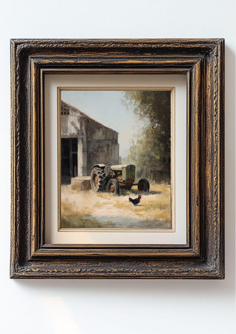 Vintage Barn Tractor Rooster Oil Painting, Cottagecore Art (digital ...