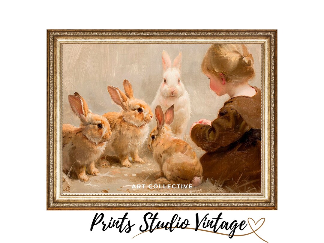 Vintage Rabbit Print Nursery Decor Landscape Print Girl With Rabbit ...