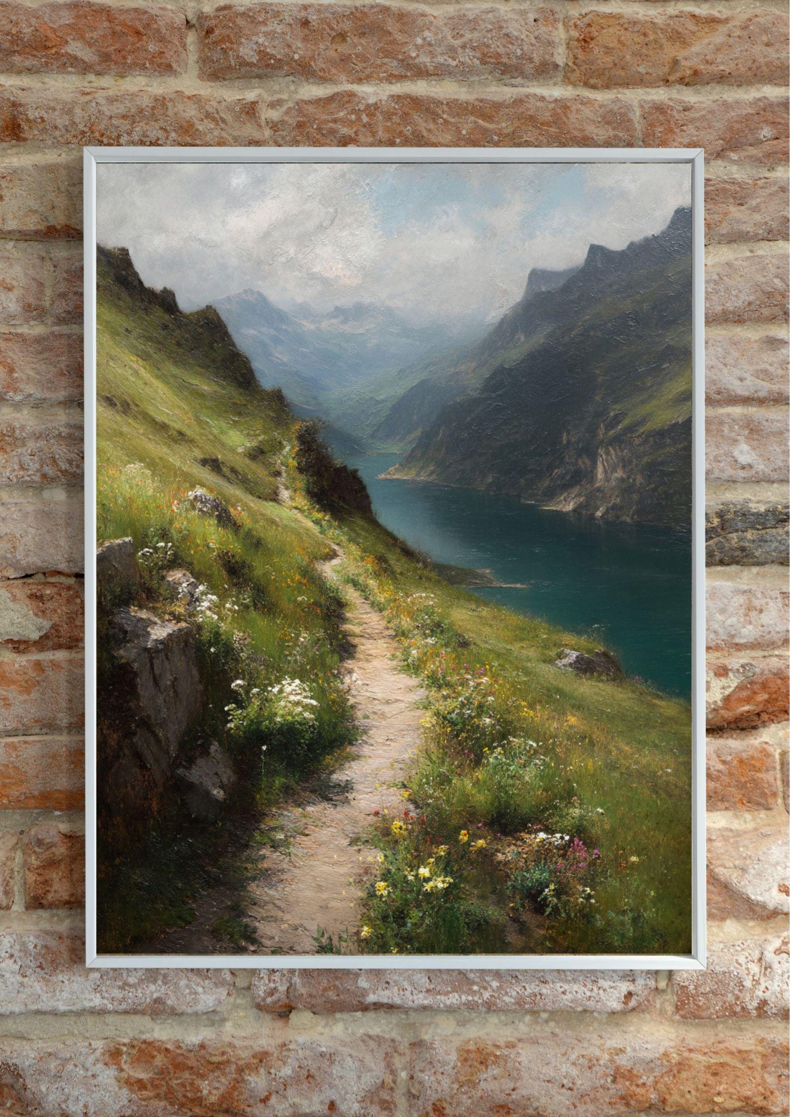 Pintura a óleo vintage de um lago na montanha, arte de paisagem com ...