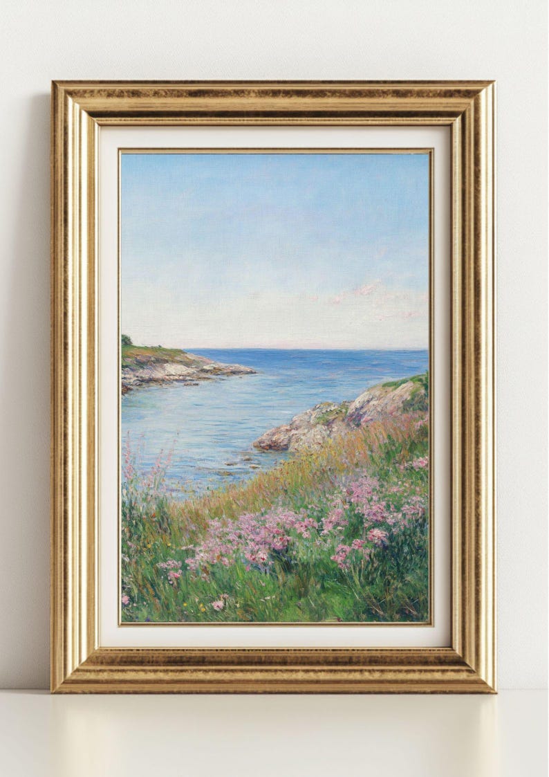 Vintage Seaside Cliff Oil Painting – Cottagecore Landscape Art (digital ...