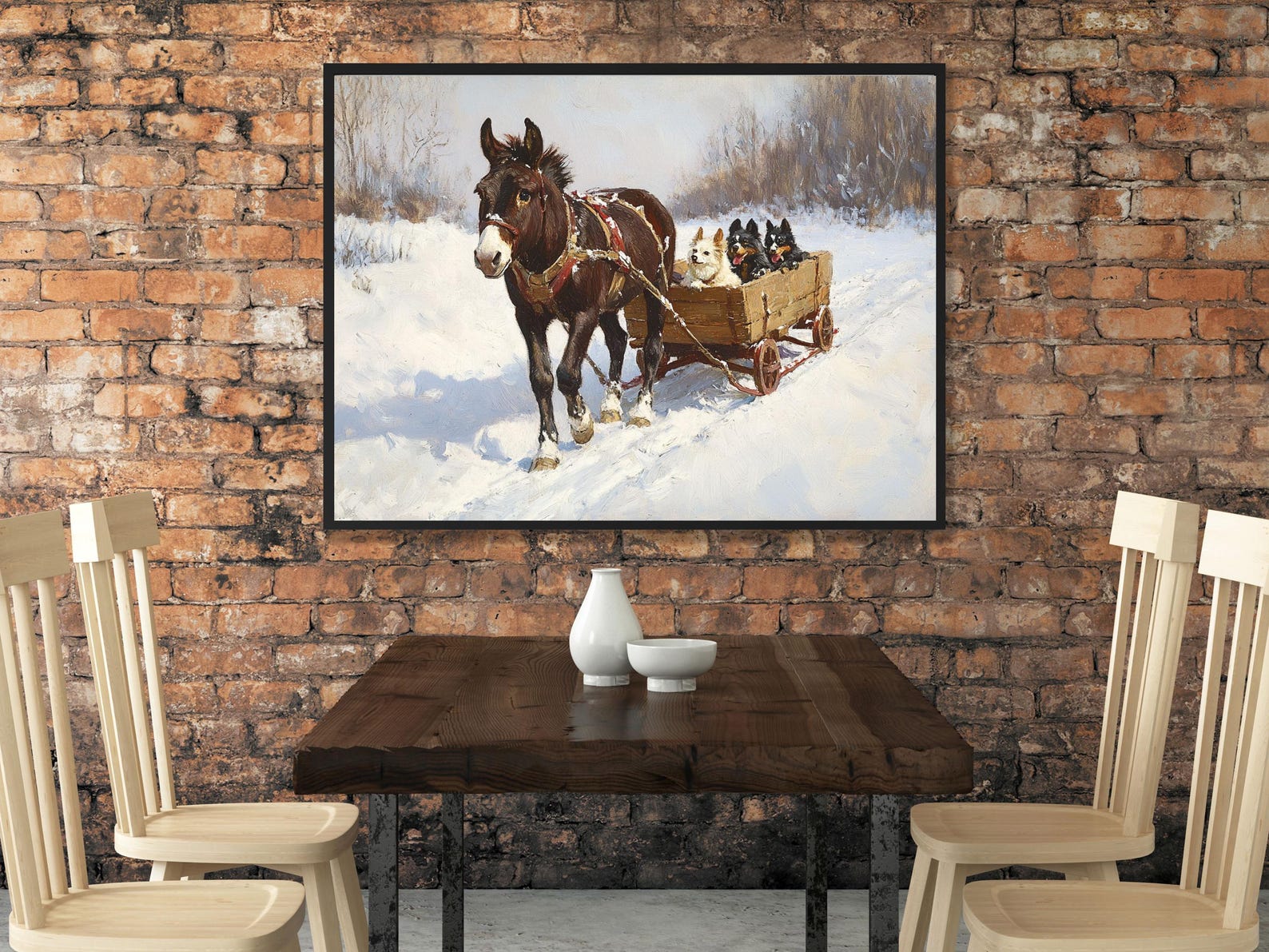 Winter Scene Christmas Pets Donkey and Cockapoo Dogs, Oil Painting ...