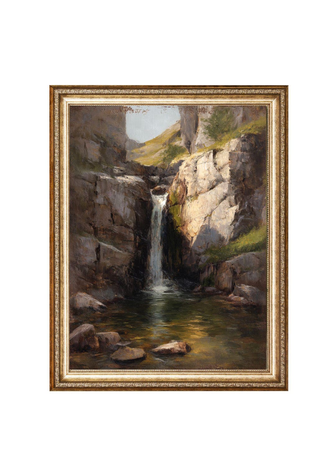Vintage Mountain Waterfall Oil Painting, Cottagecore Wall Art (digital ...