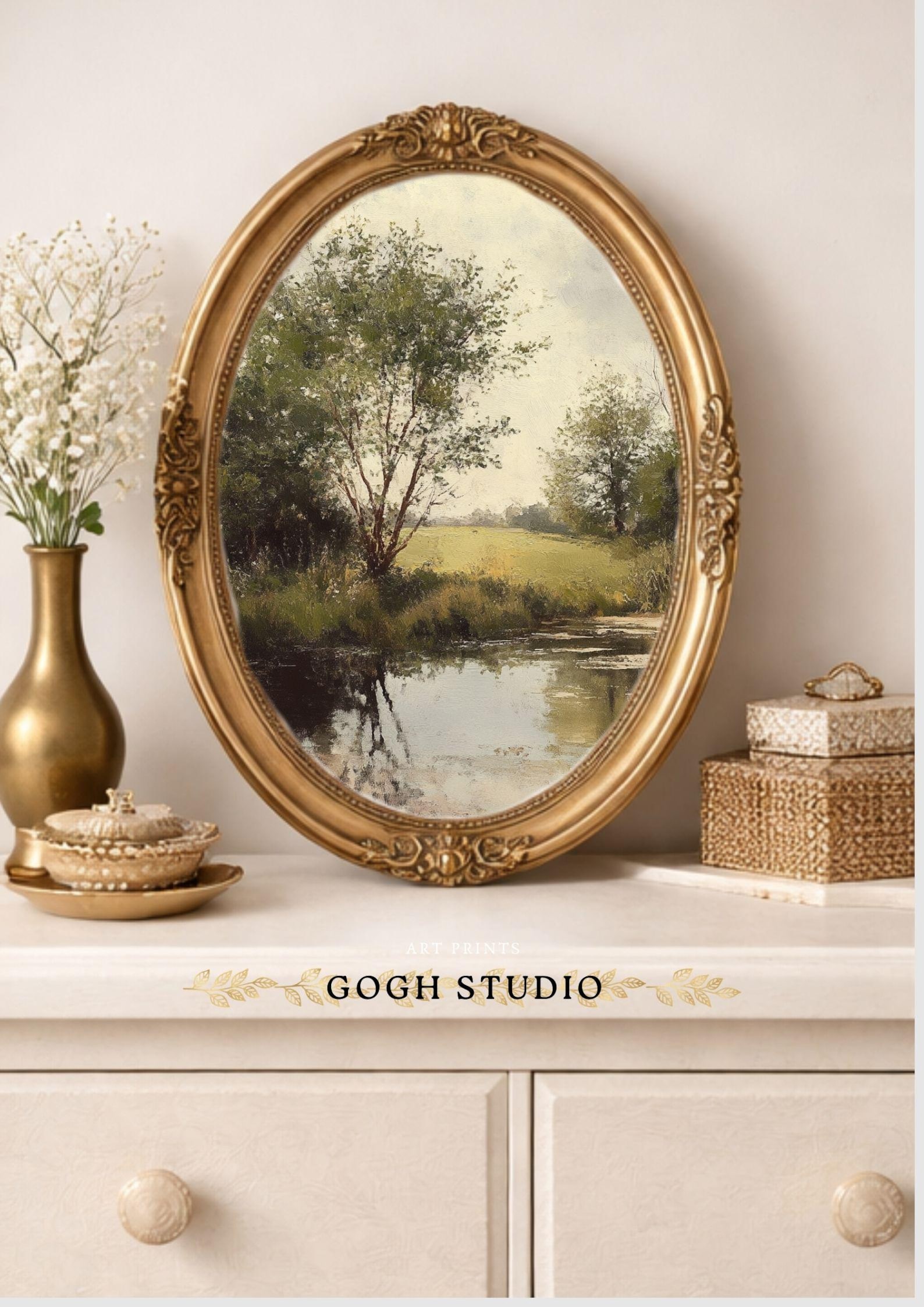Vintage River Landscape Oil Painting, Cottagecore Nature Art (digital ...