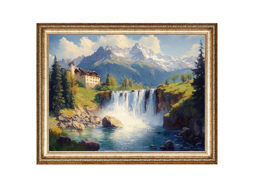 Mountain Waterfall Landscape, Rustic Cabin, Nature Wall Decor, VINTAGE ...