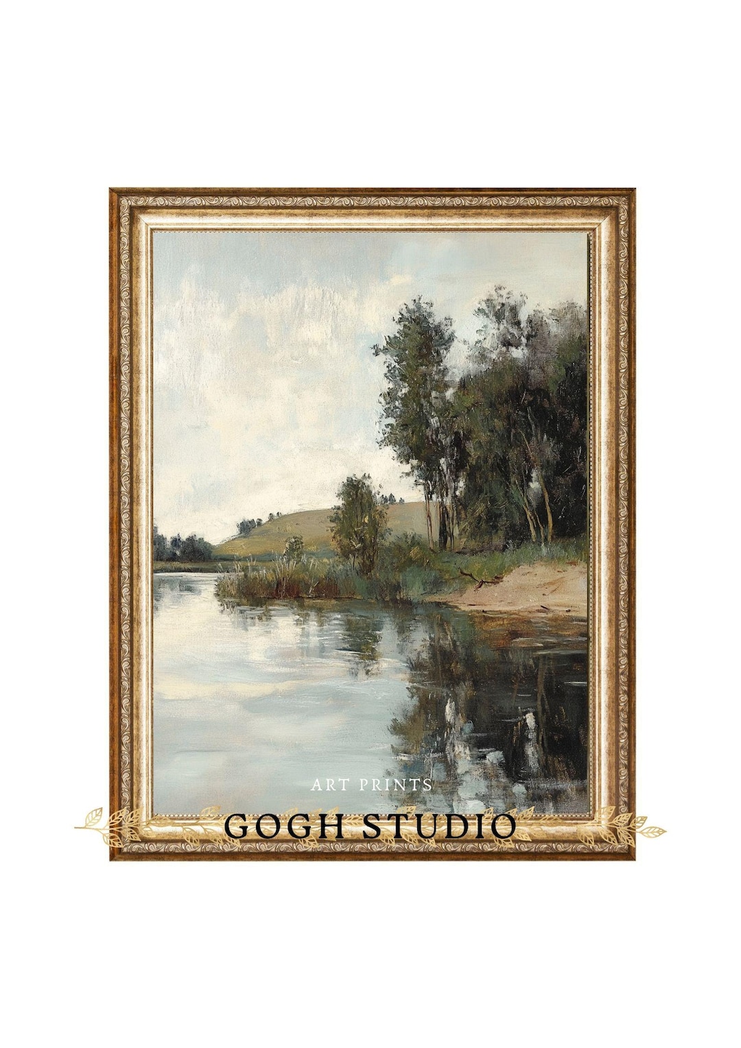 Vintage River Landscape Oil Painting Print, Rustic Cottagecore Wall Art ...