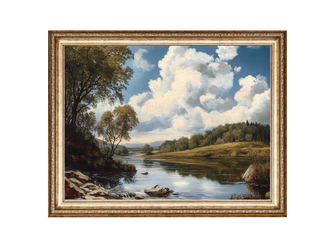 Vintage River Landscape Oil Painting, Cottagecore Art (digital Prints ...