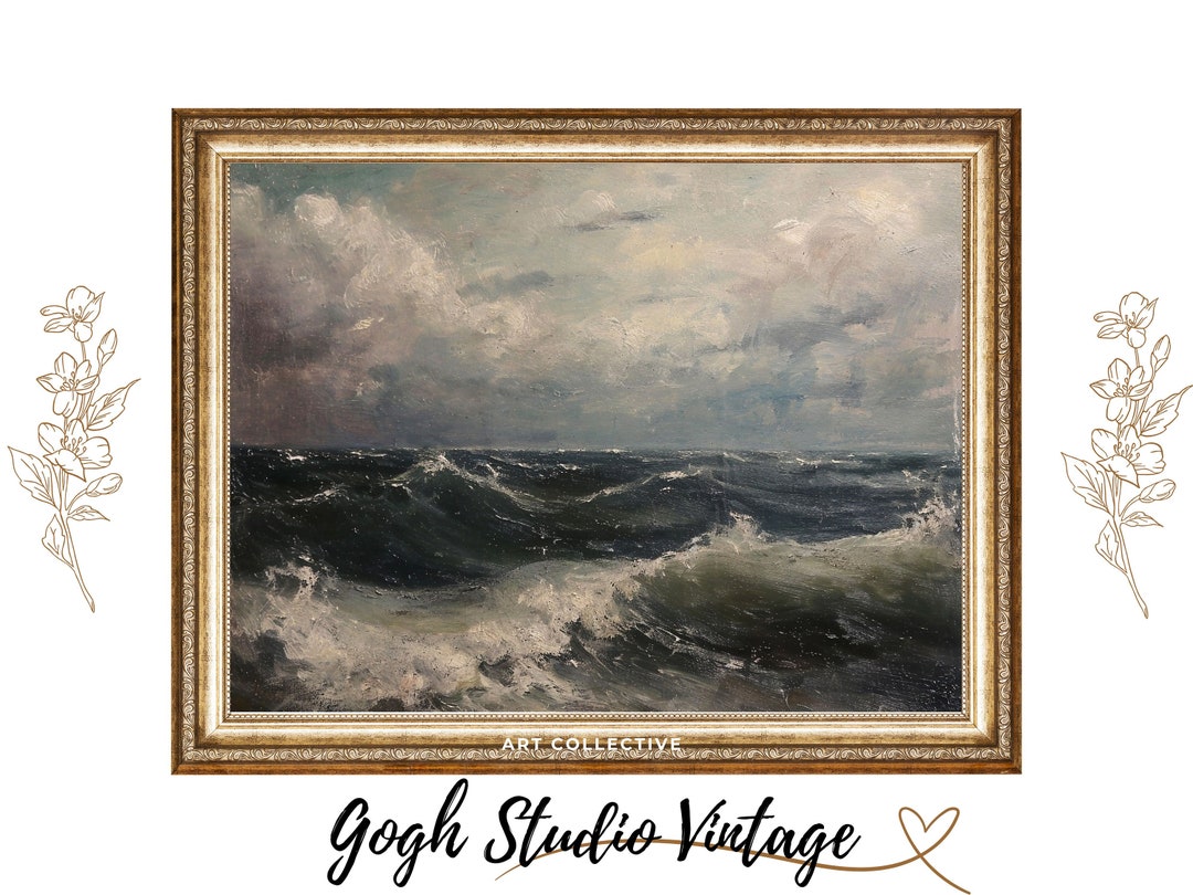 Ocean Storm Print Nautical Wall Art, Vintage Cloud Print Painting Waves ...