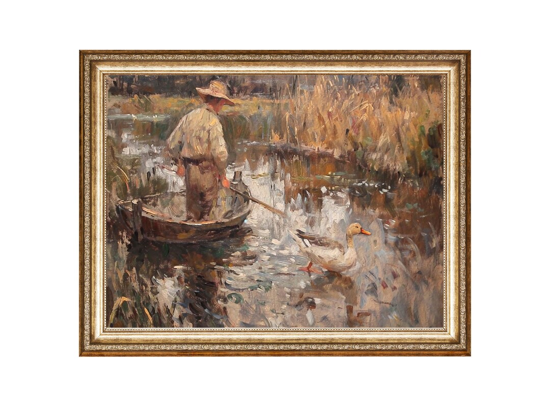 Fisherman Art Lake Scene ART PRINT Vintage Oil Painting, Aesthetic ...