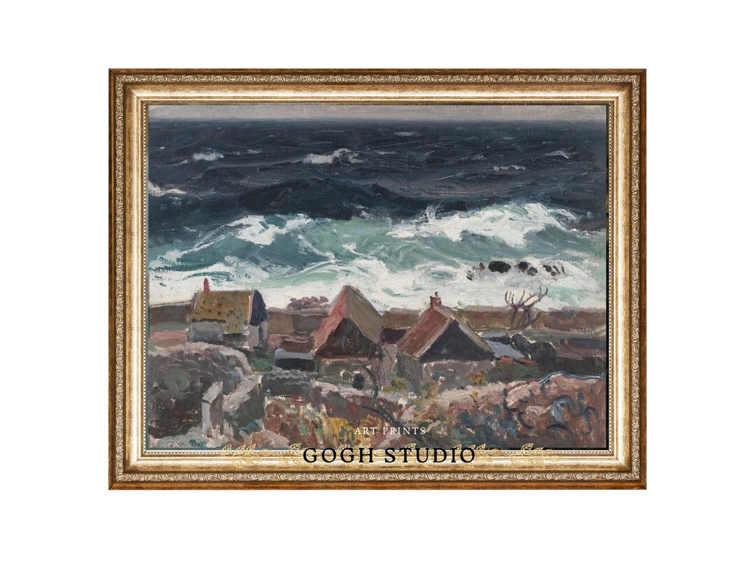 Vintage Seaside Village Oil Painting Print: Stormy Ocean Waves ...