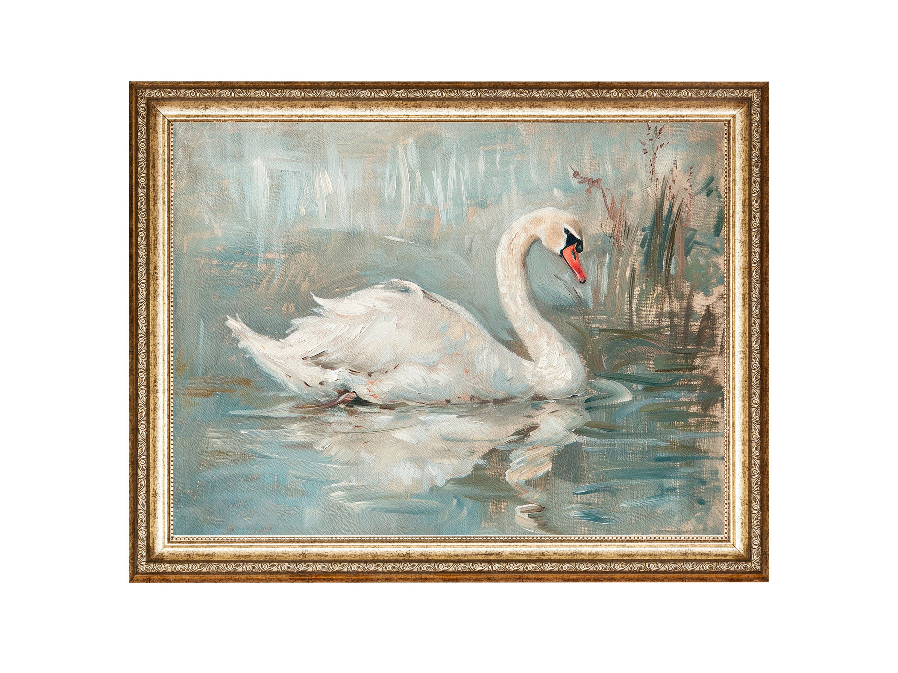 Printable White Swan on Lake Oil Painting Kitchen Prints, Vintage Swan ...