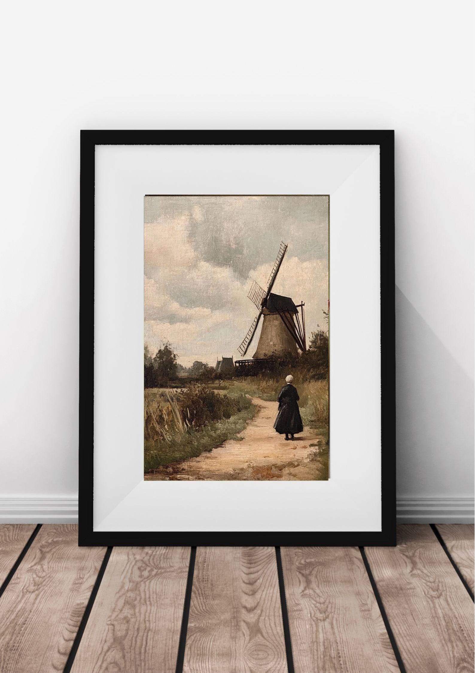 Vintage Dutch Windmill Oil Painting, Rustic Cottagecore Art (digital ...