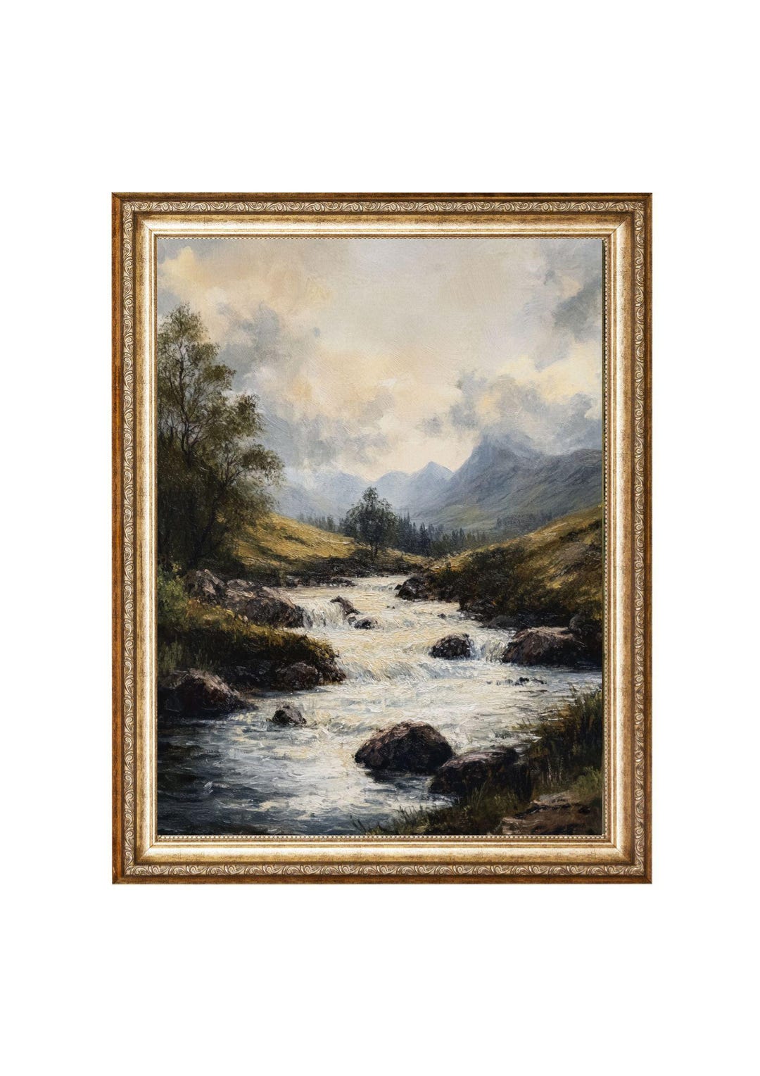 Vintage Mountain River Oil Painting, Cottagecore Landscape Art (digital ...