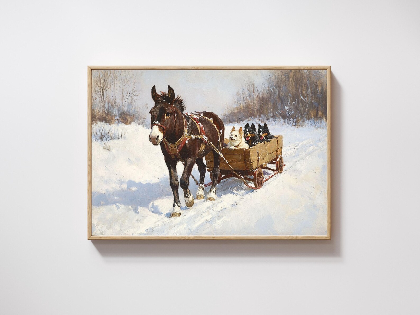 Winter Scene Christmas Pets Donkey and Cockapoo Dogs, Oil Painting ...