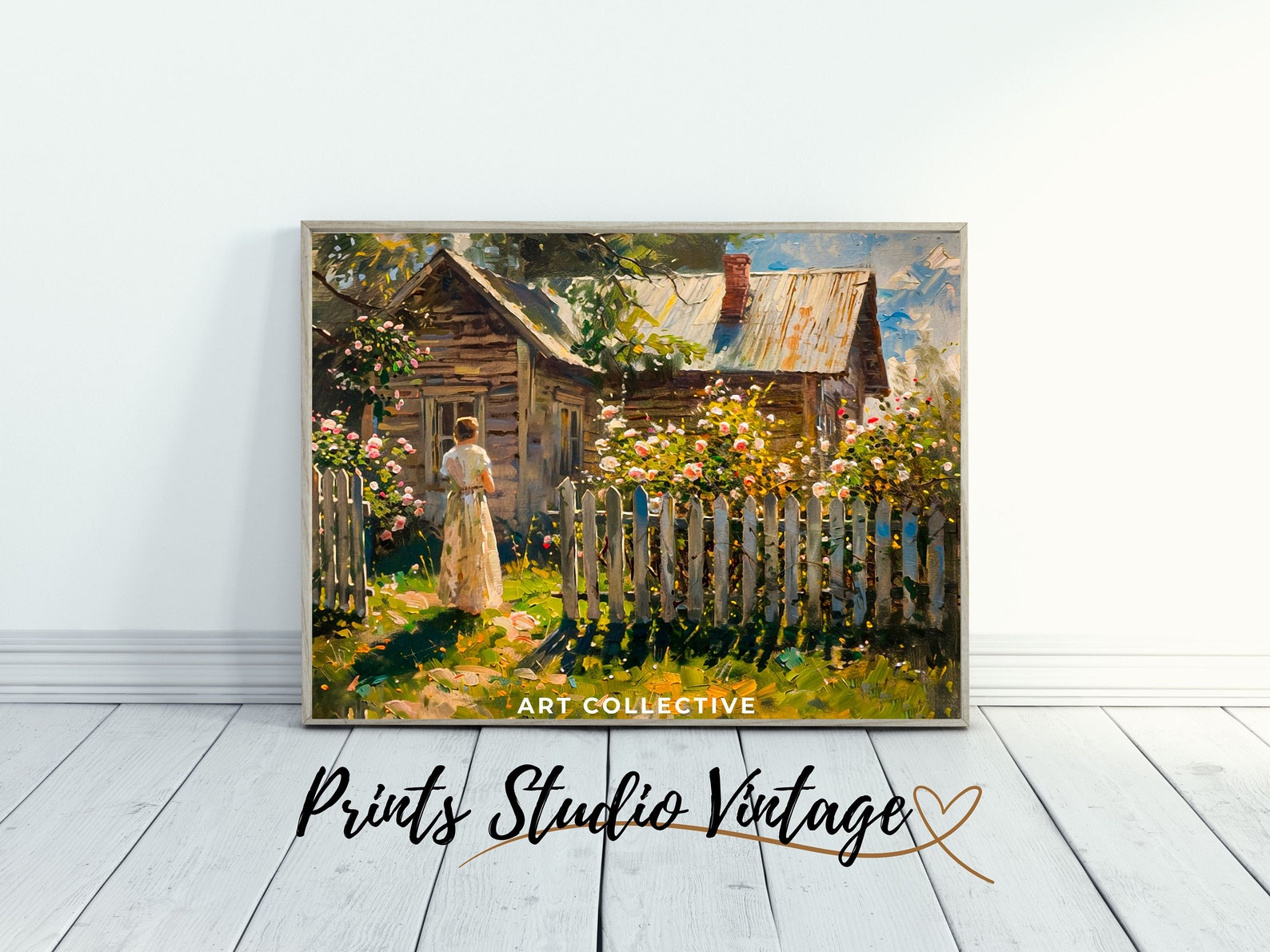 English Cottage Art and Rose Garden Painting, Cottage Woman ART PRINT ...