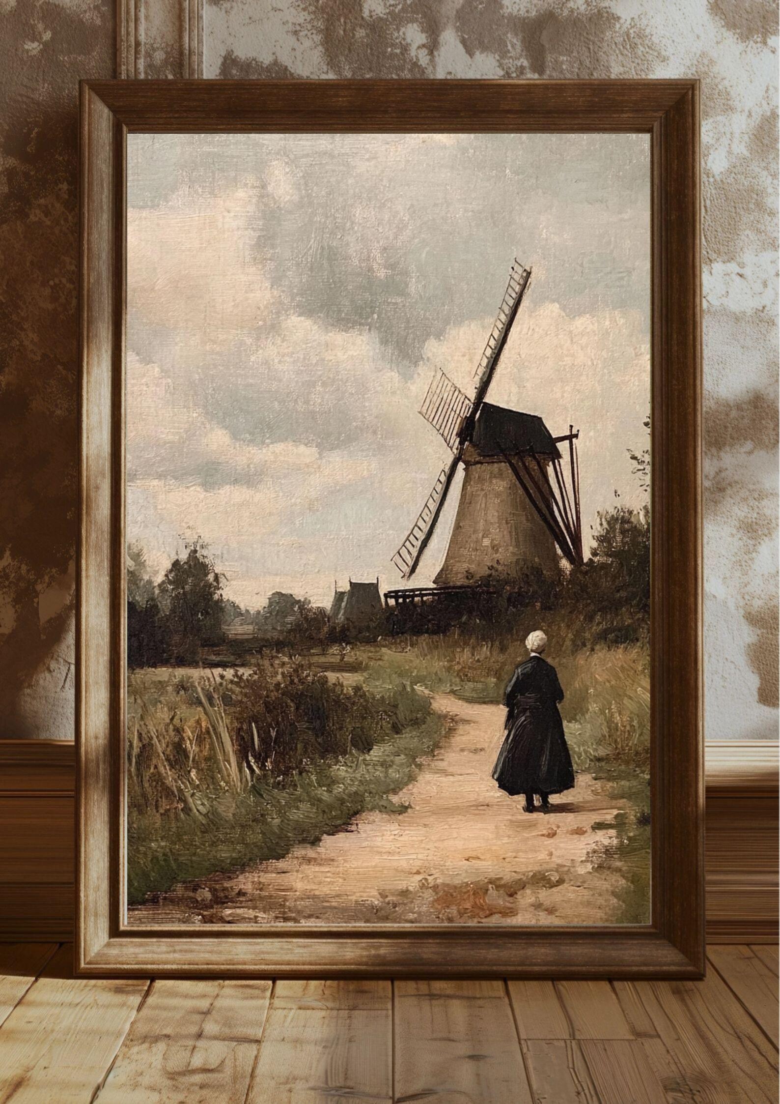 Vintage Dutch Windmill Oil Painting, Rustic Cottagecore Art (digital ...