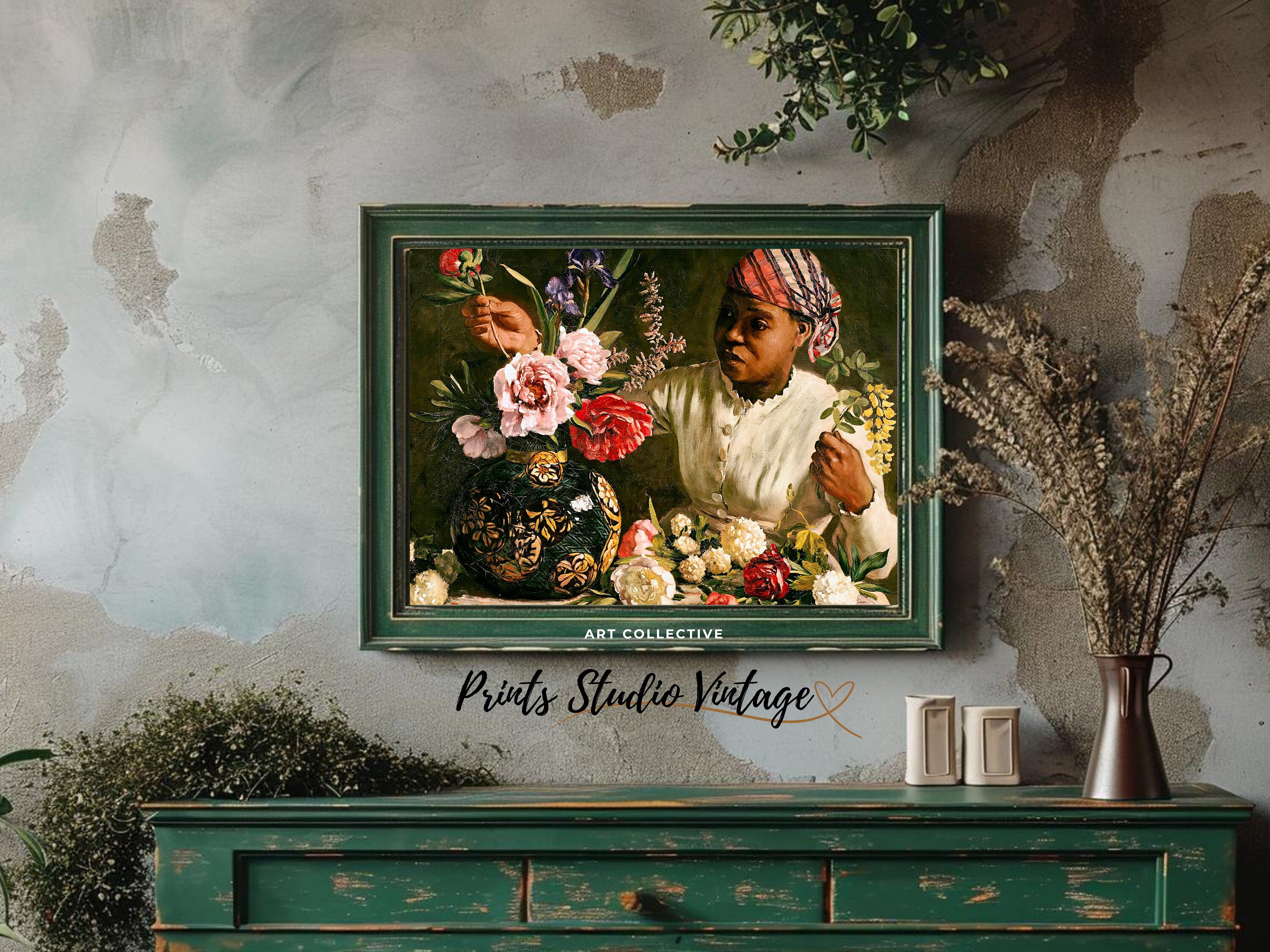 Vintage Black Woman With Peonies Painting, Impressionist ART PRINT ...