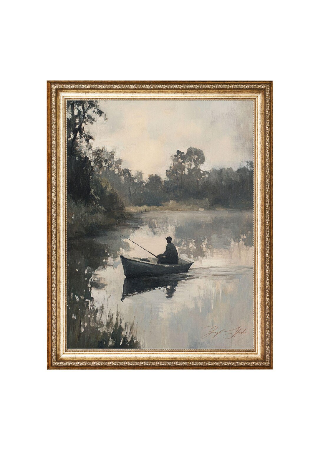 Vintage Fisherman Oil Painting, Calm Lake Cottagecore Art (digital ...
