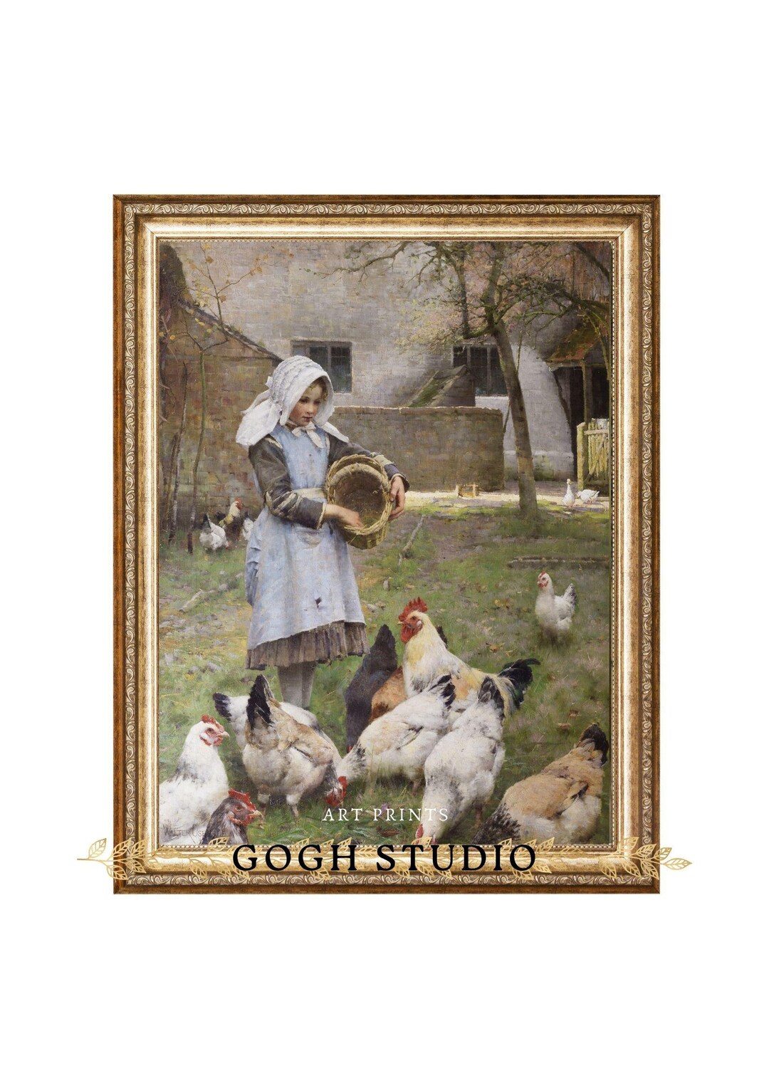 Little Girl Feeding Chickens Print: Vintage Farmhouse Kitchen Art ...