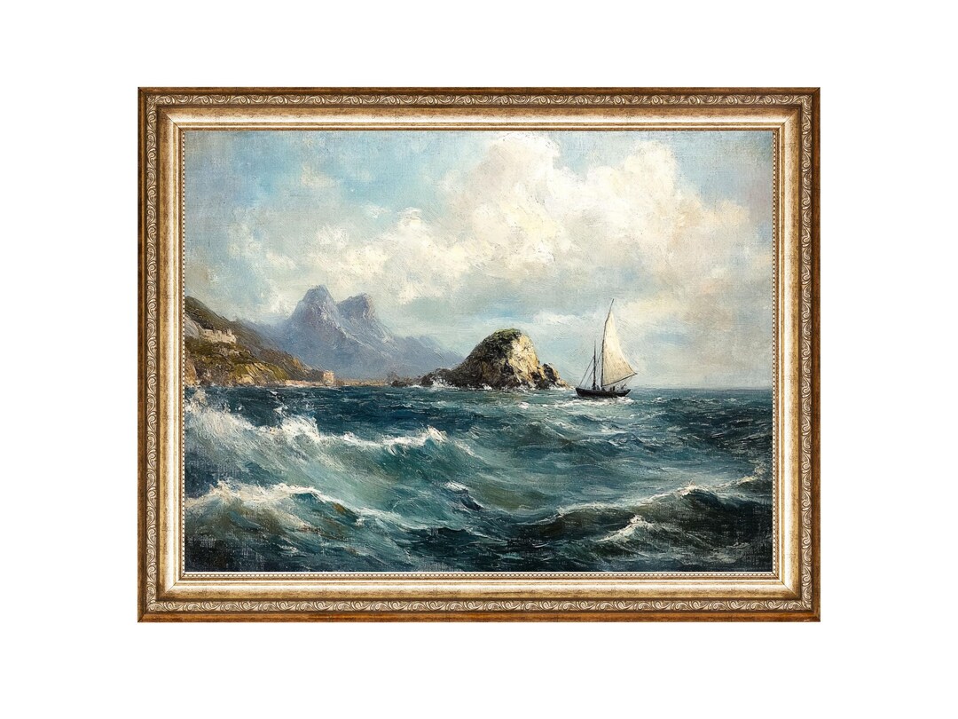 Seascape With Sailboat Ocean Waves Coastal Nautical Art VINTAGE Oil ...