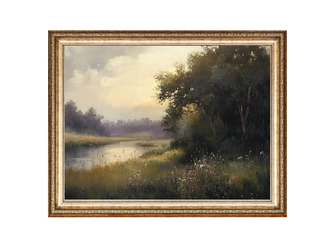 Vintage River Landscape Oil Painting, Cottagecore Wildflower Field ...