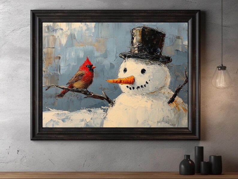 Winter Art Snowman and Cardinal Art Print Oil Painting, Cottage Core ...