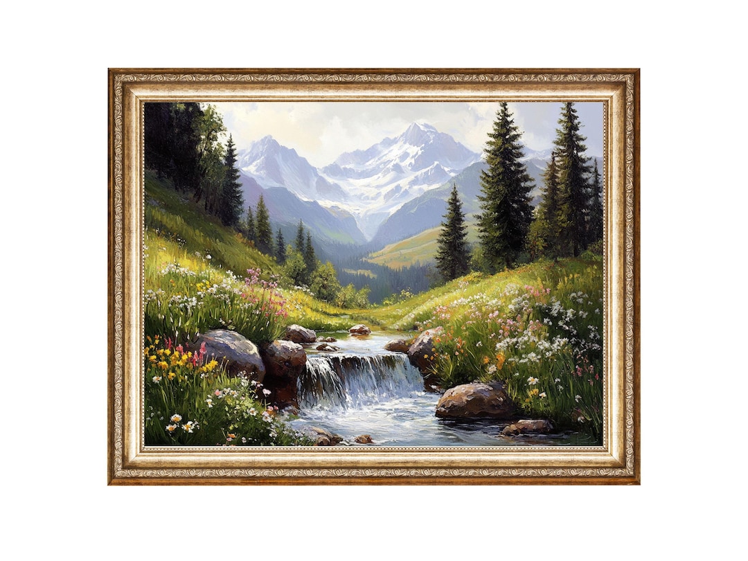 Vintage Waterfall Mountain Landscape Painting, Cottagecore Wall Art ...