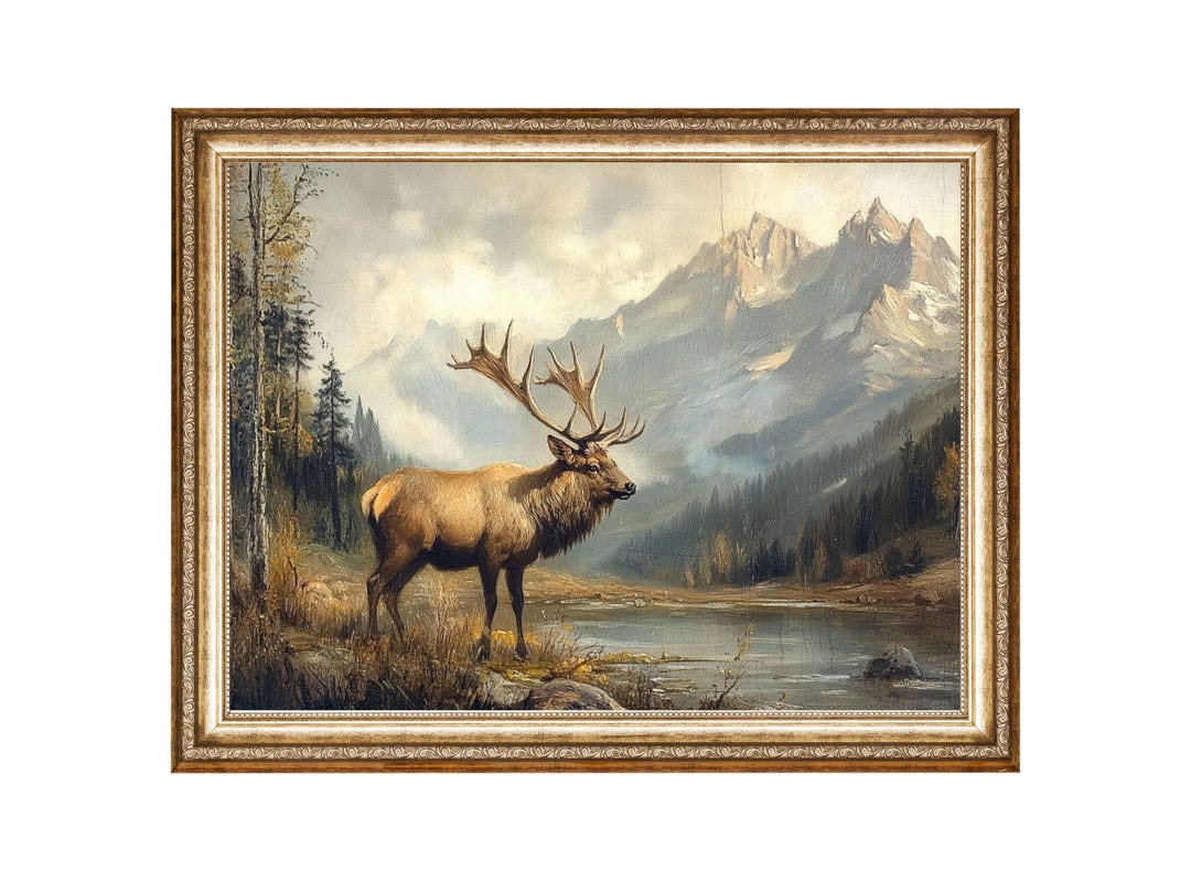 Vintage Elk Oil Painting, Mountain Landscape Art (digital Prints) - Etsy