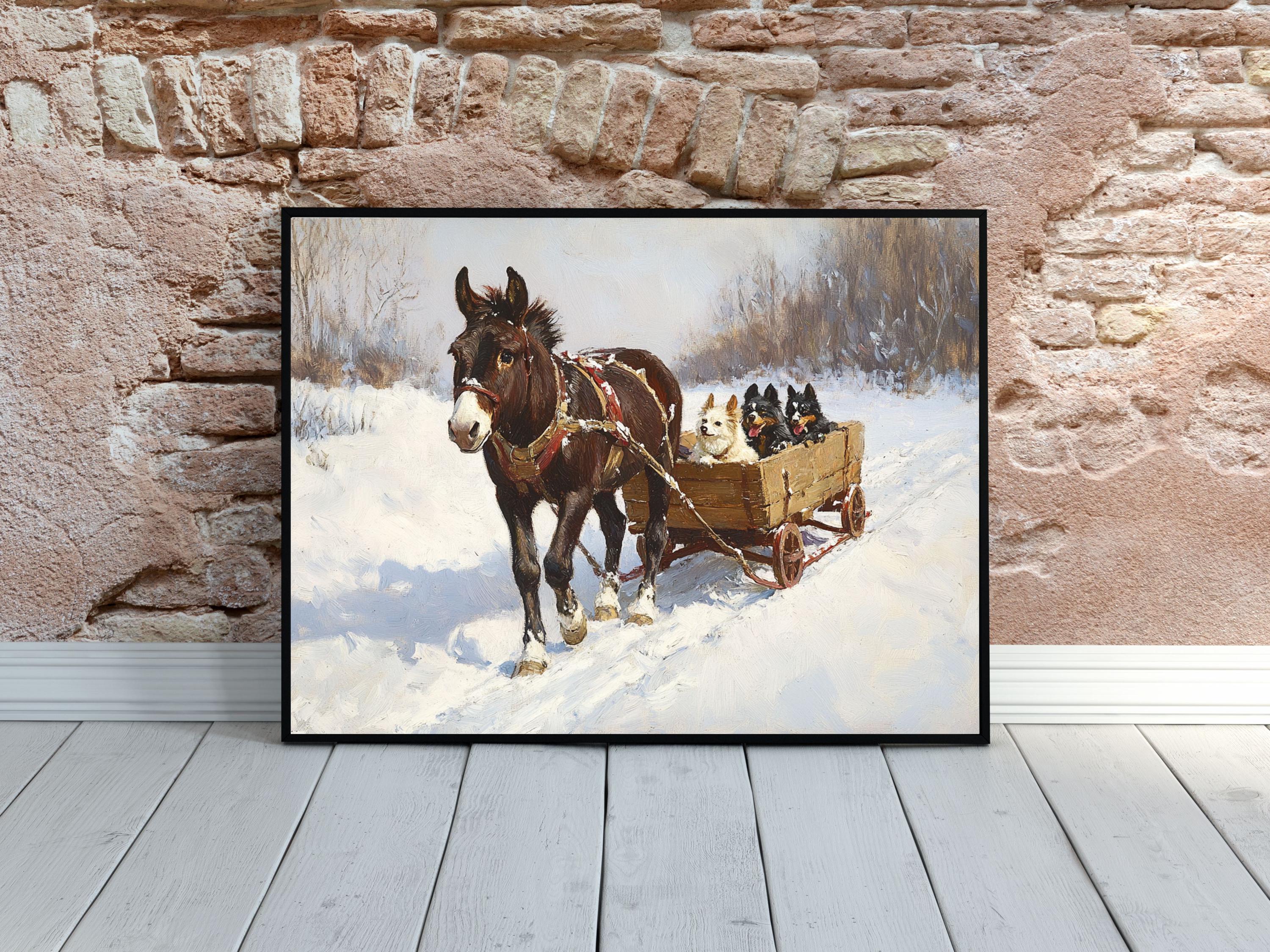 Winter Scene Christmas Pets Donkey and Cockapoo Dogs, Oil Painting ...