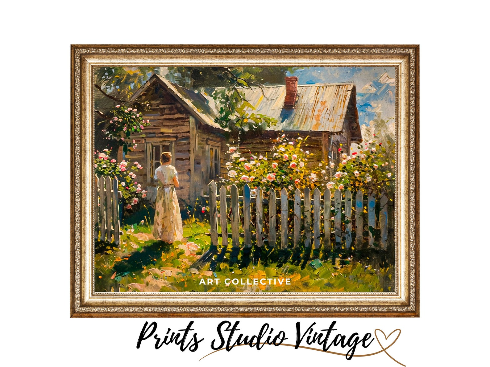 English Cottage Art and Rose Garden Painting, Cottage Woman ART PRINT ...