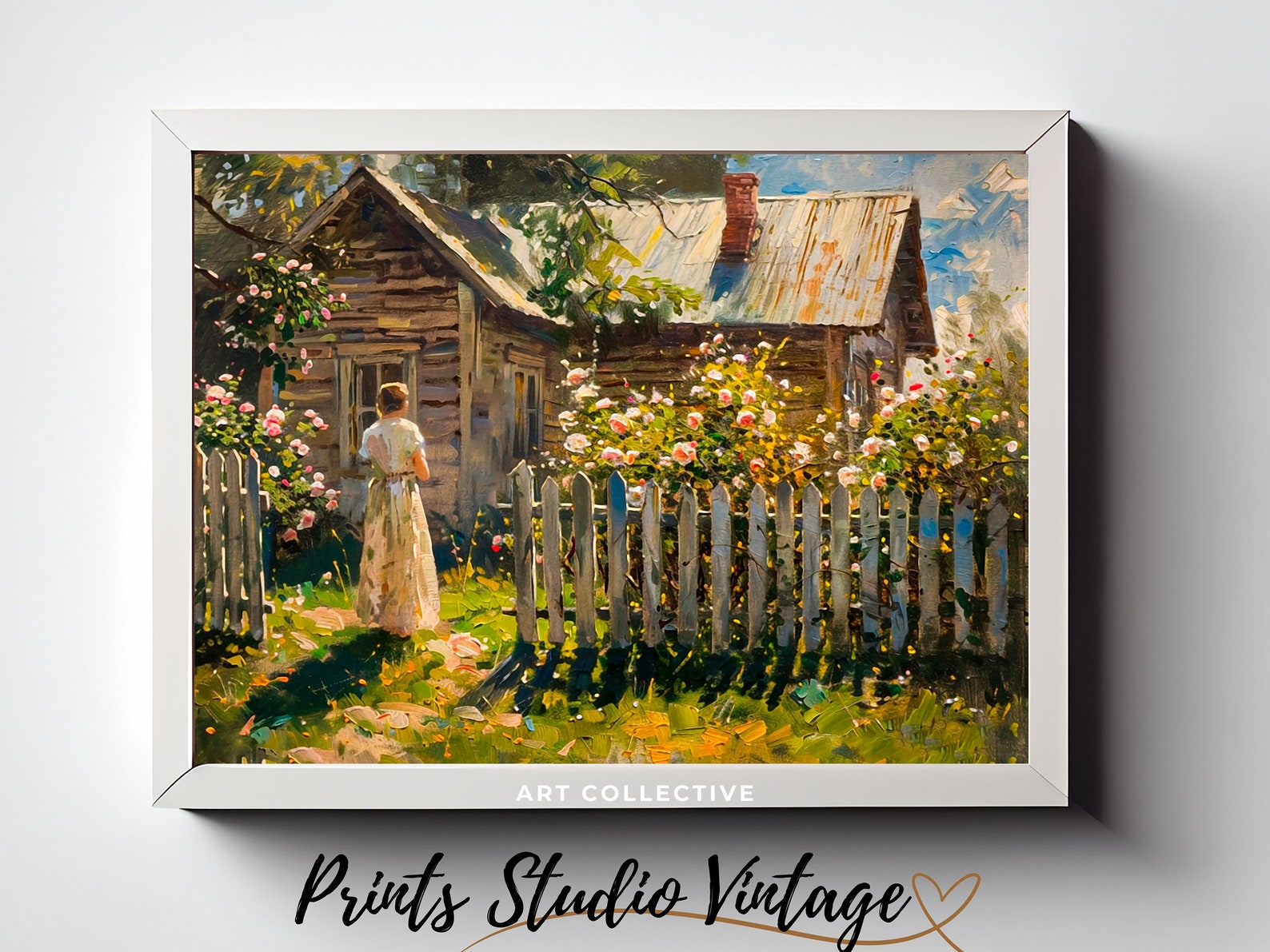 English Cottage Art and Rose Garden Painting, Cottage Woman ART PRINT ...
