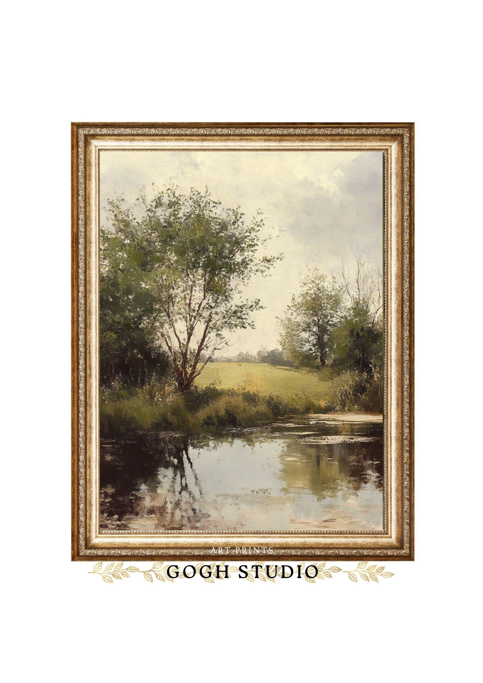 Vintage River Landscape Oil Painting, Cottagecore Nature Art (digital ...