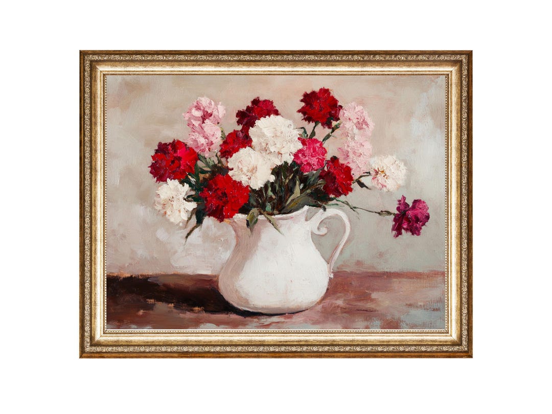 Impresión de pintura al óleo de clavel vintage, arte floral de estilo ...