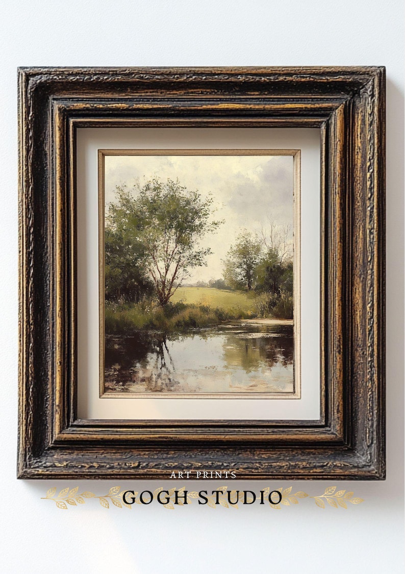Vintage River Landscape Oil Painting, Cottagecore Nature Art (digital ...