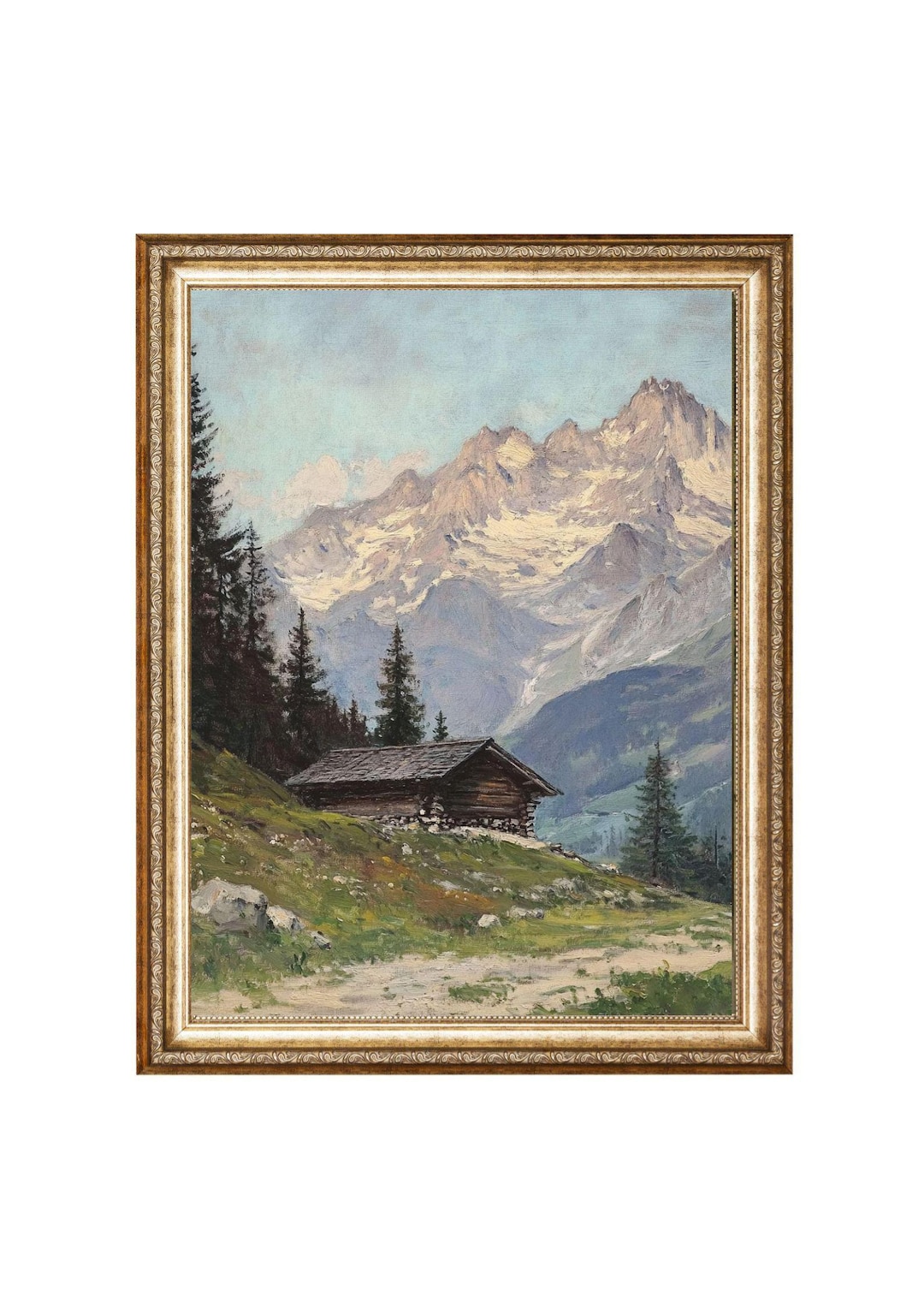 Vintage Alpine Cabin Oil Painting, Mountain Landscape Art (digital ...