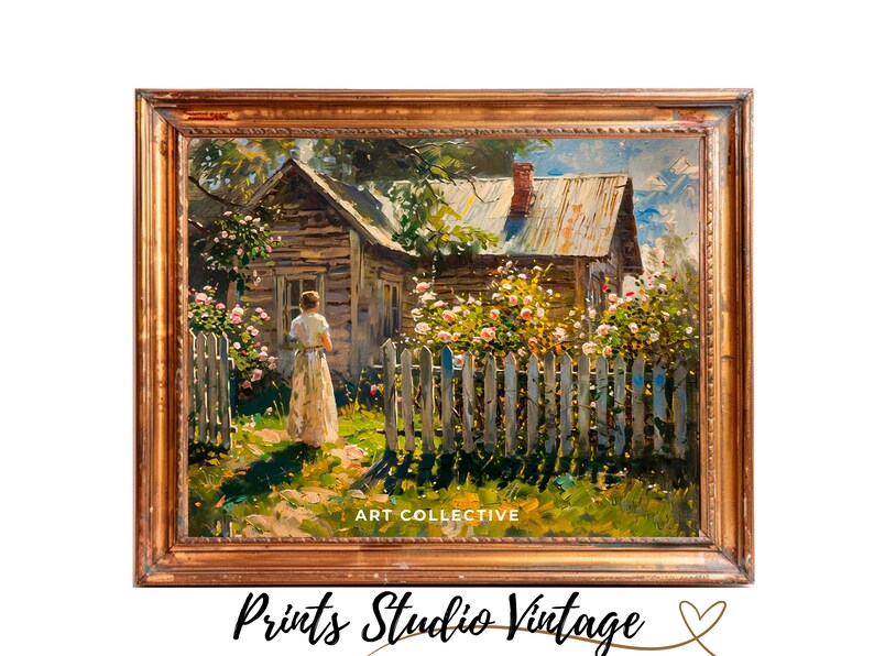 English Cottage Art and Rose Garden Painting, Cottage Woman ART PRINT ...