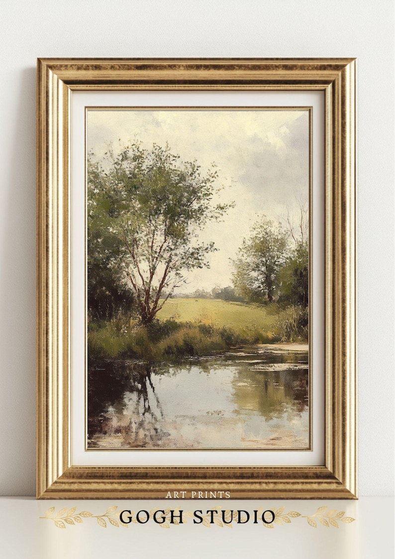 Vintage River Landscape Oil Painting, Cottagecore Nature Art (digital ...