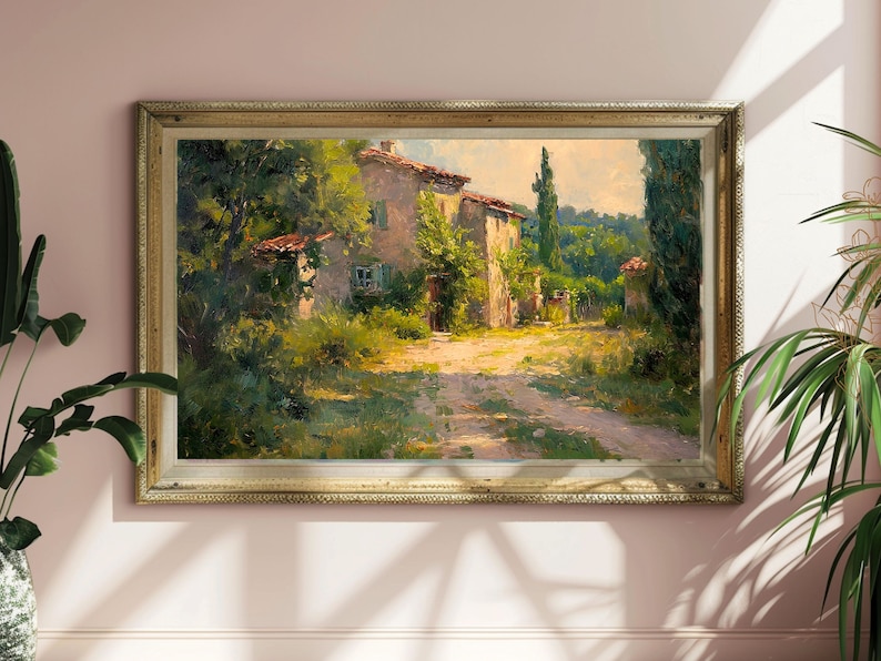 French Provence Village Landscape Painting, Printable Vintage Oil Art ...