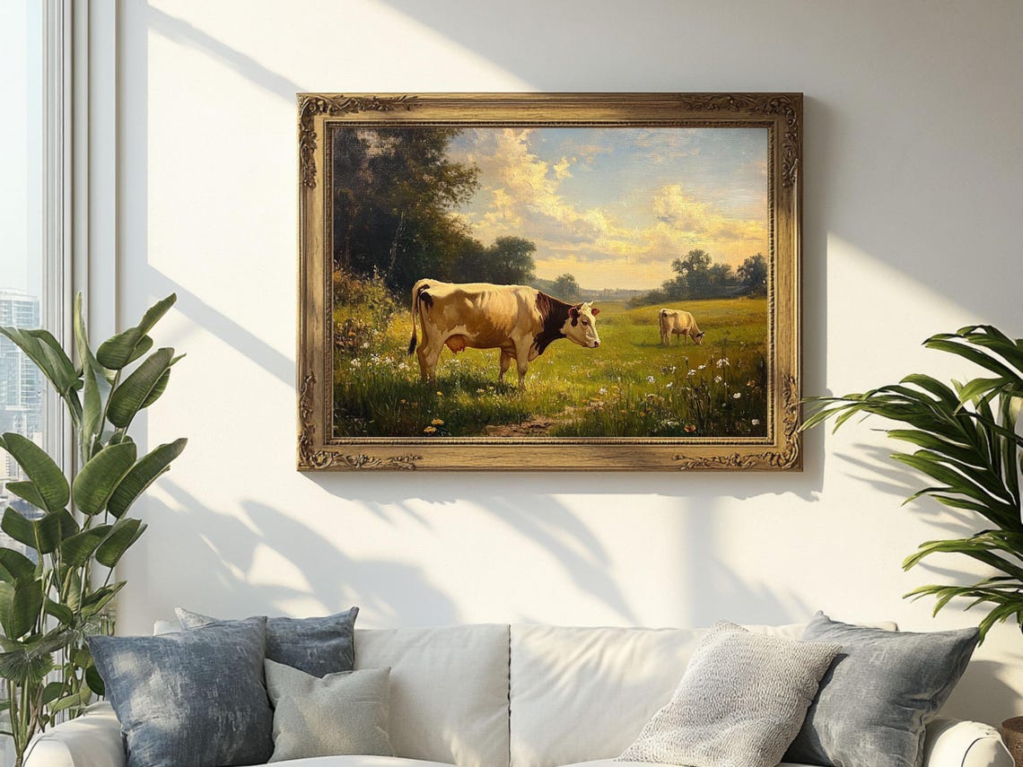 Vintage Cow Pasture Oil Painting, Rustic Farmhouse Landscape Art ...