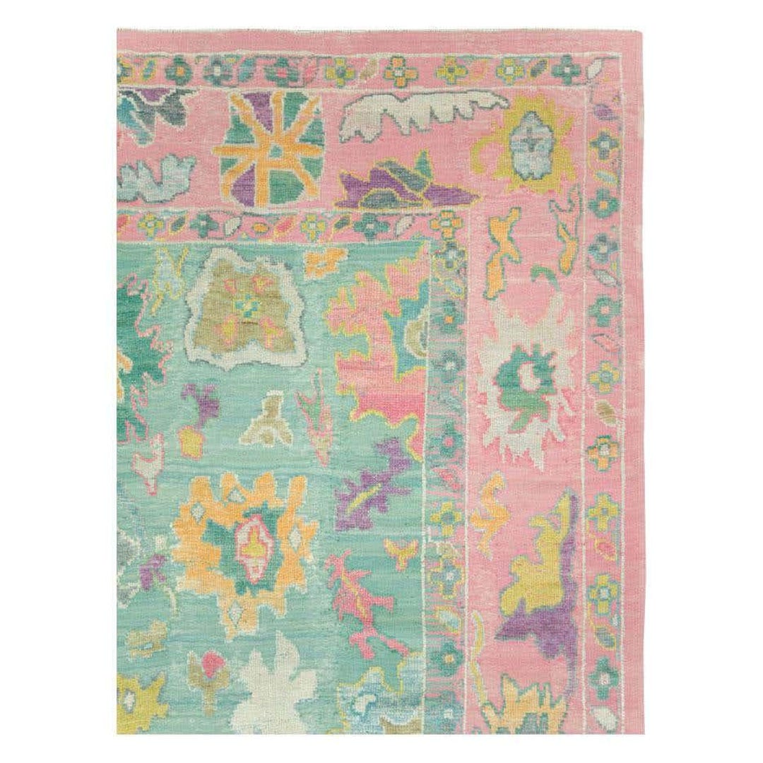 Modern Design Rose Pink Green Colorful Handknotted Turkish Oushak Rug ...