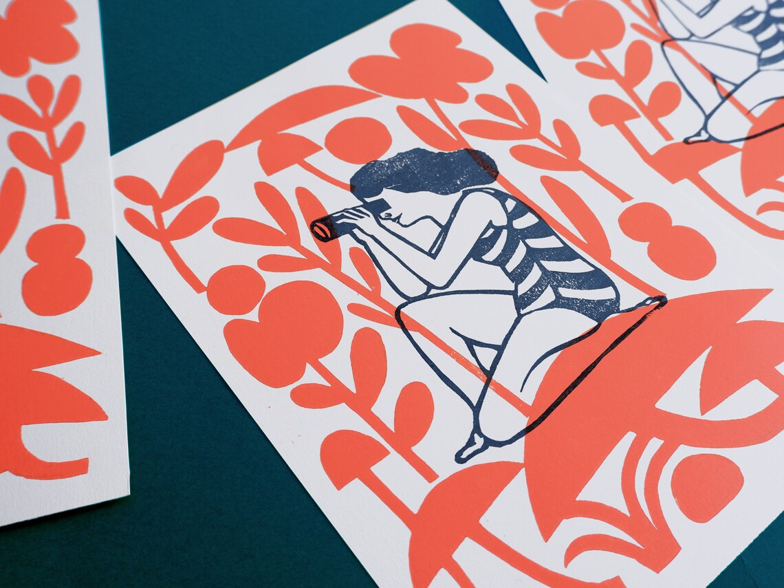 Prismáticos | Linograbado | Pieza Original | Edición Limitada | Mujer ...