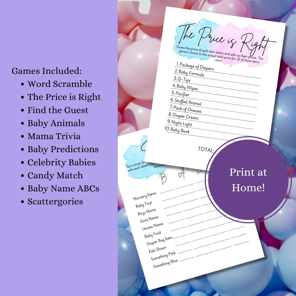 Pink & Blue Watercolor | Gender Reveal Party Games Bundle | 10 Fun ...