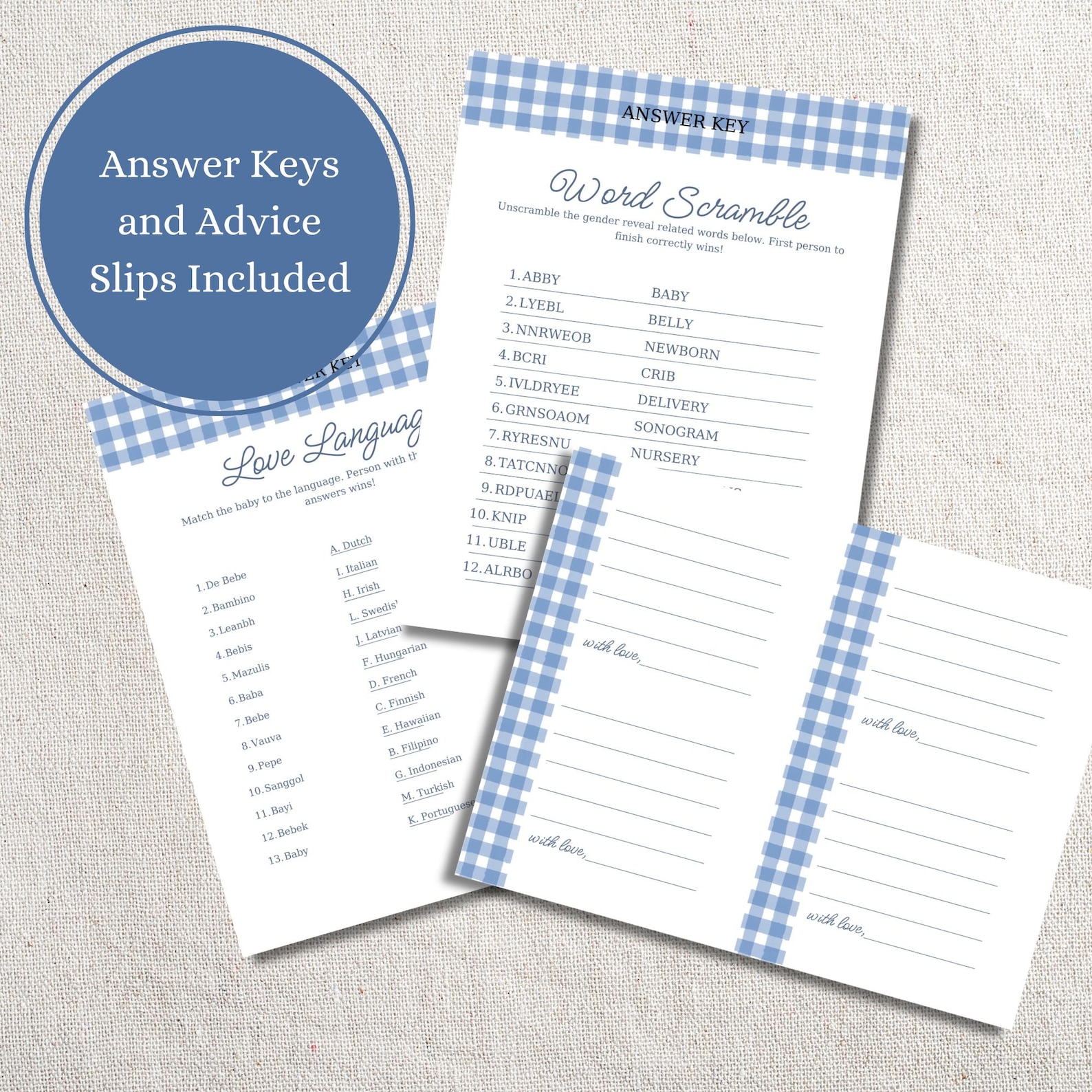 Blue Gingham | Baby Shower Games Bundle | 20 Fun Games + Advice Slips ...