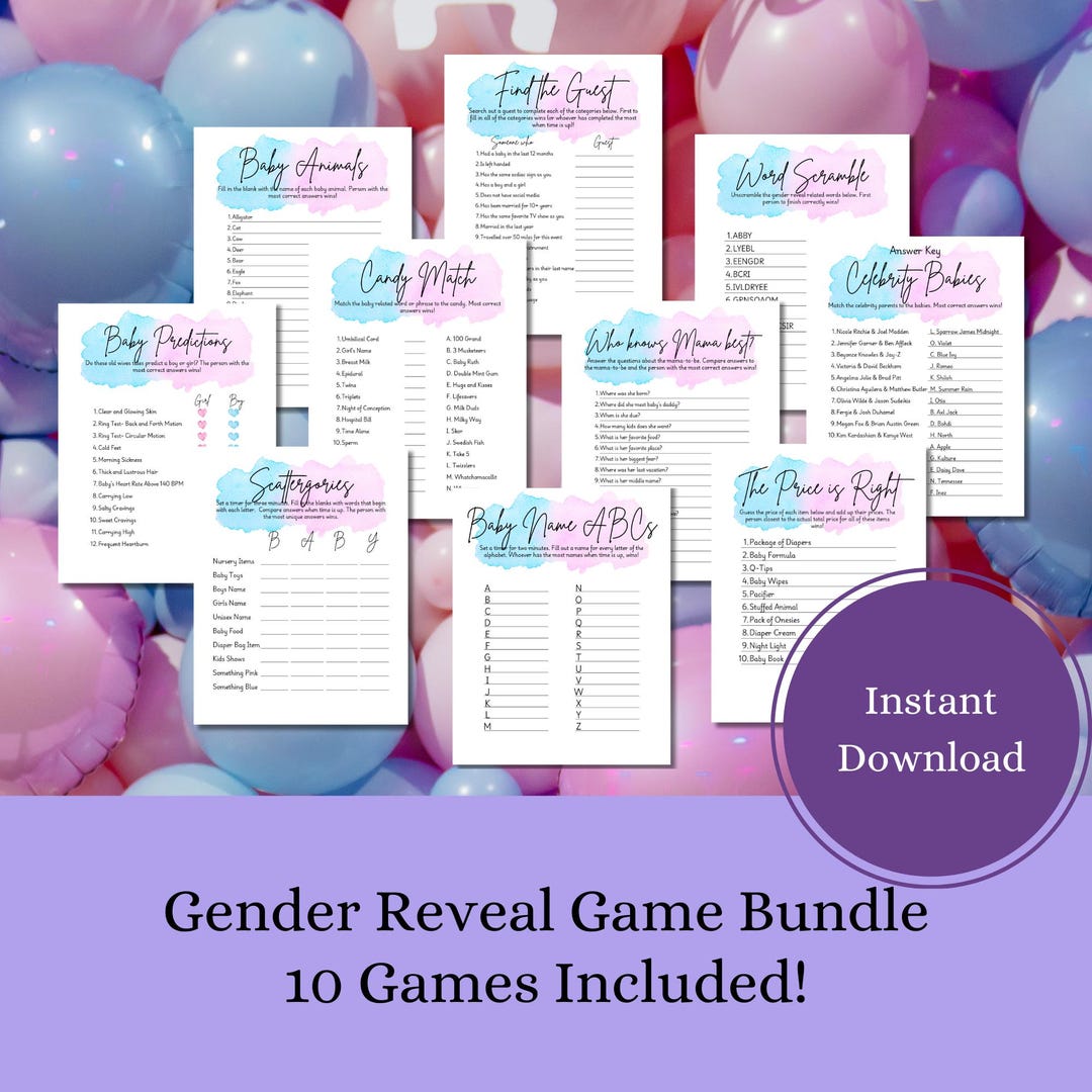 Pink & Blue Watercolor | Gender Reveal Party Games Bundle | 10 Fun ...
