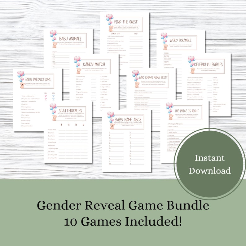 Bear & Balloons | Gender Reveal Games Bundle | 10 Fun Games + 5 Answer ...