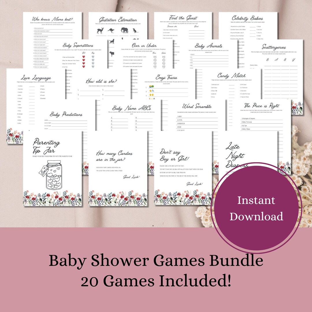 Wildflowers | Baby Shower Games Bundle | 20 Fun Games + Advice Slips ...